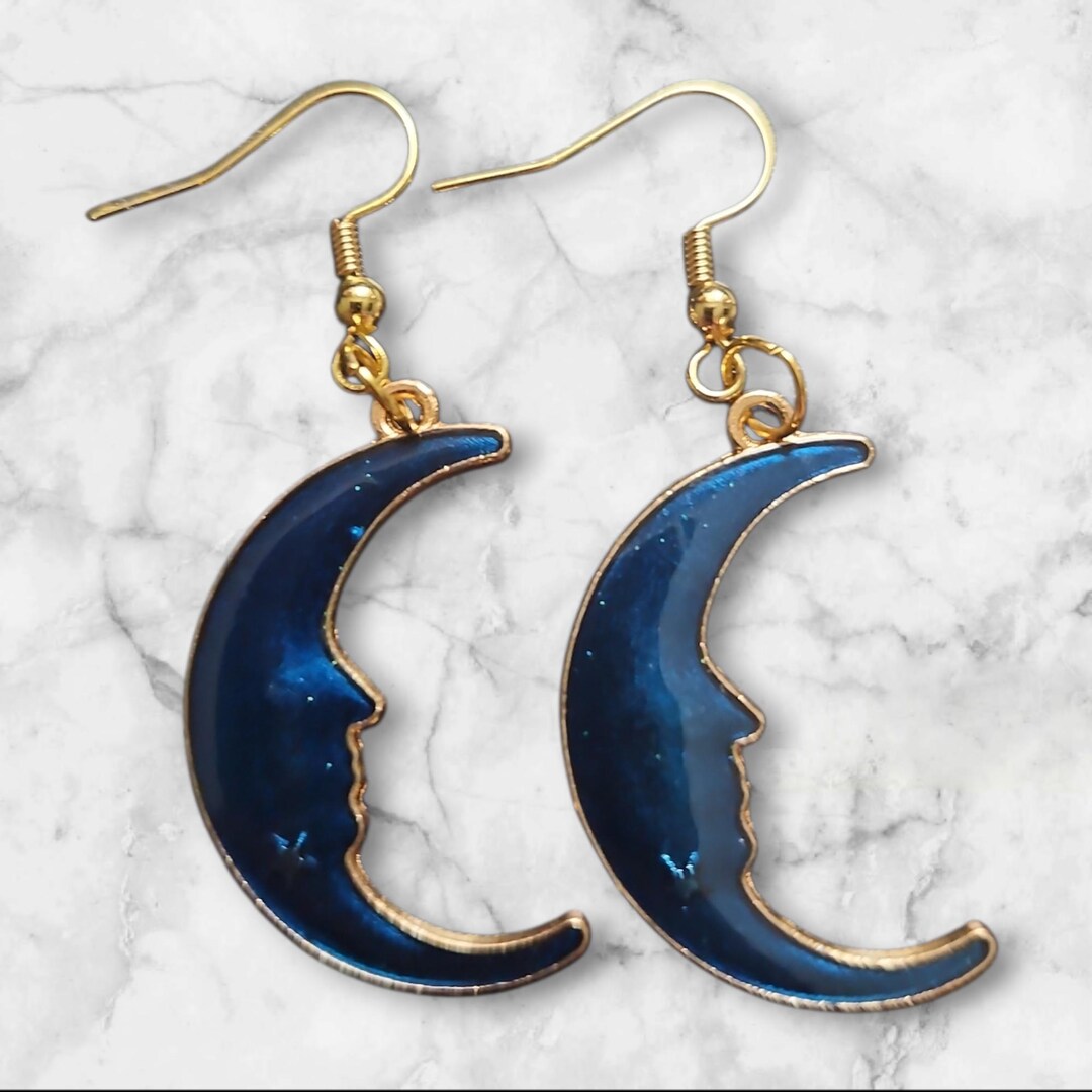 Midnight Blue Crescent Moon Face Earrings — Celestial Gold-trim Dangle ...