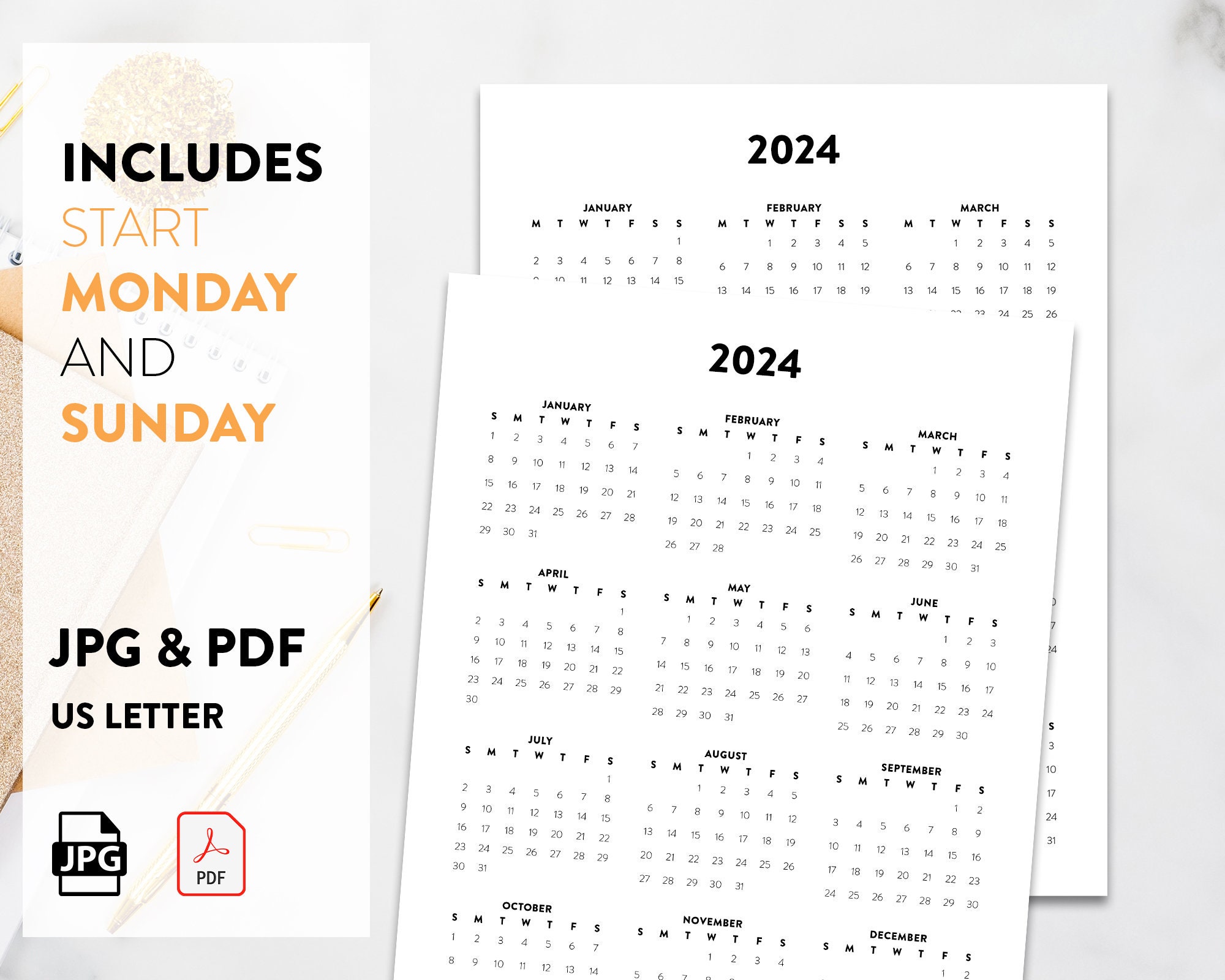 2024 Minimalist Letter Printable Calendar, 2024 Simple Planner, 2024 ...