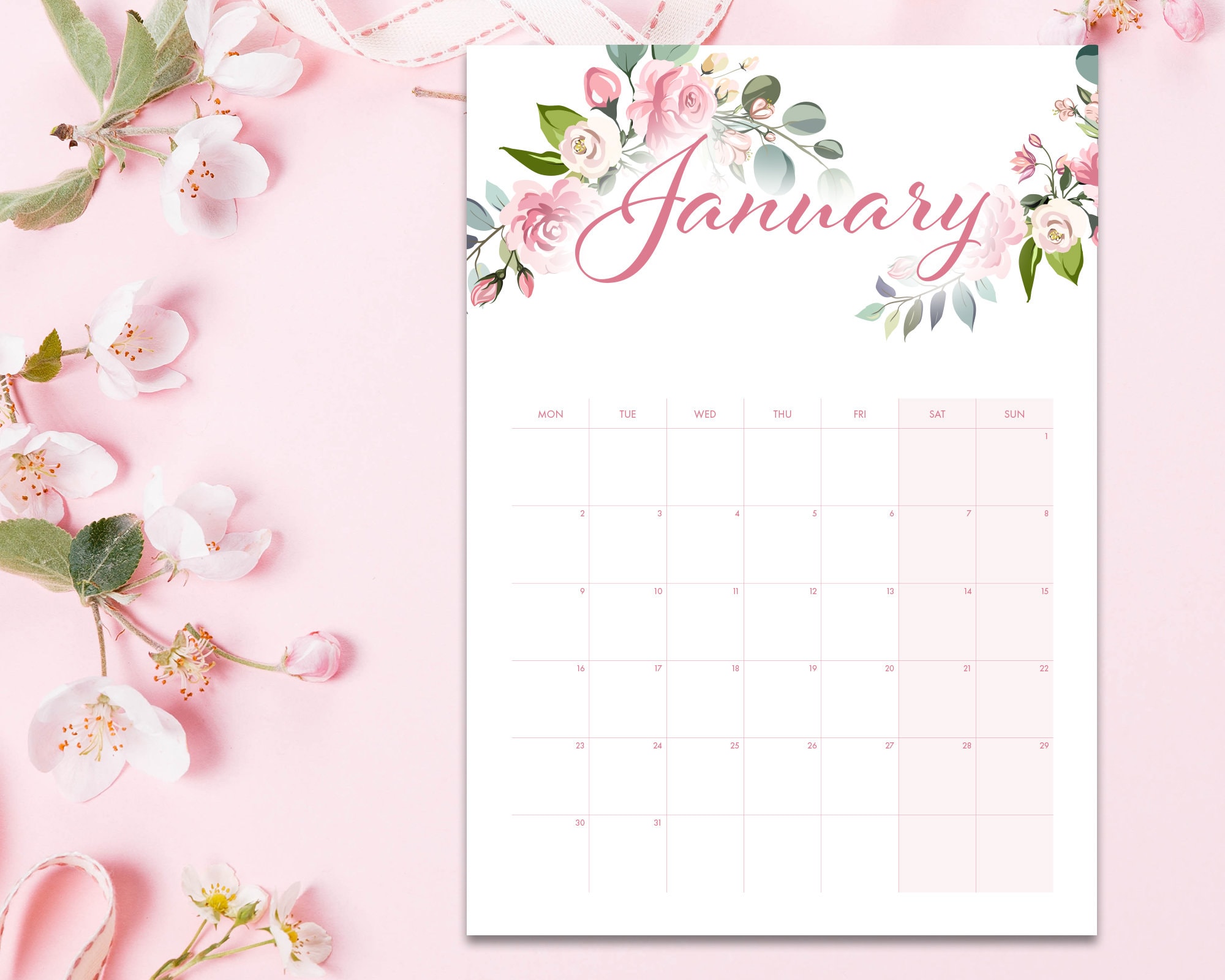 Printable Calendar 2025 Pink & Purple Roses Monthly - Etsy