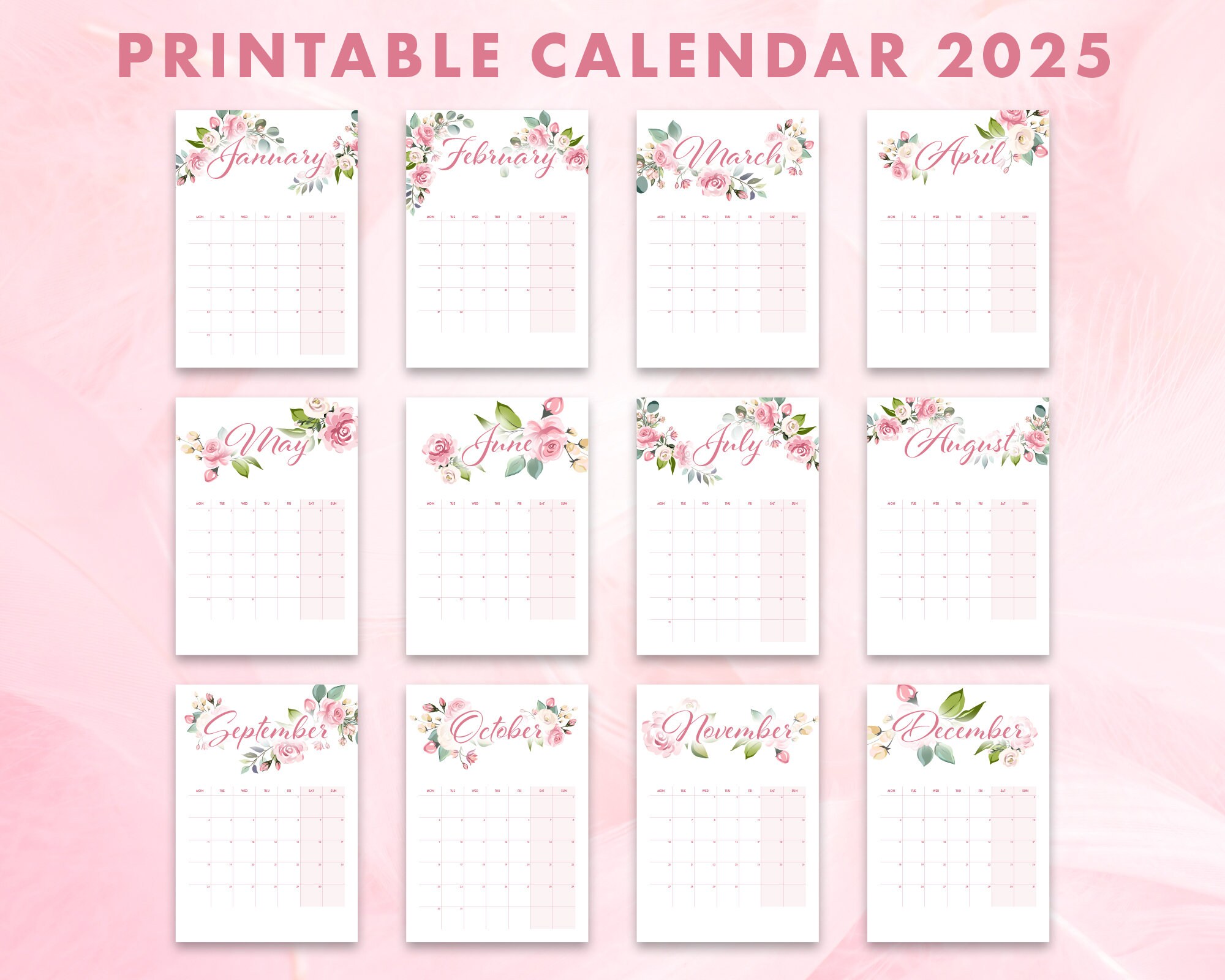 Printable Calendar 2025 Pink & Purple Roses Monthly - Etsy