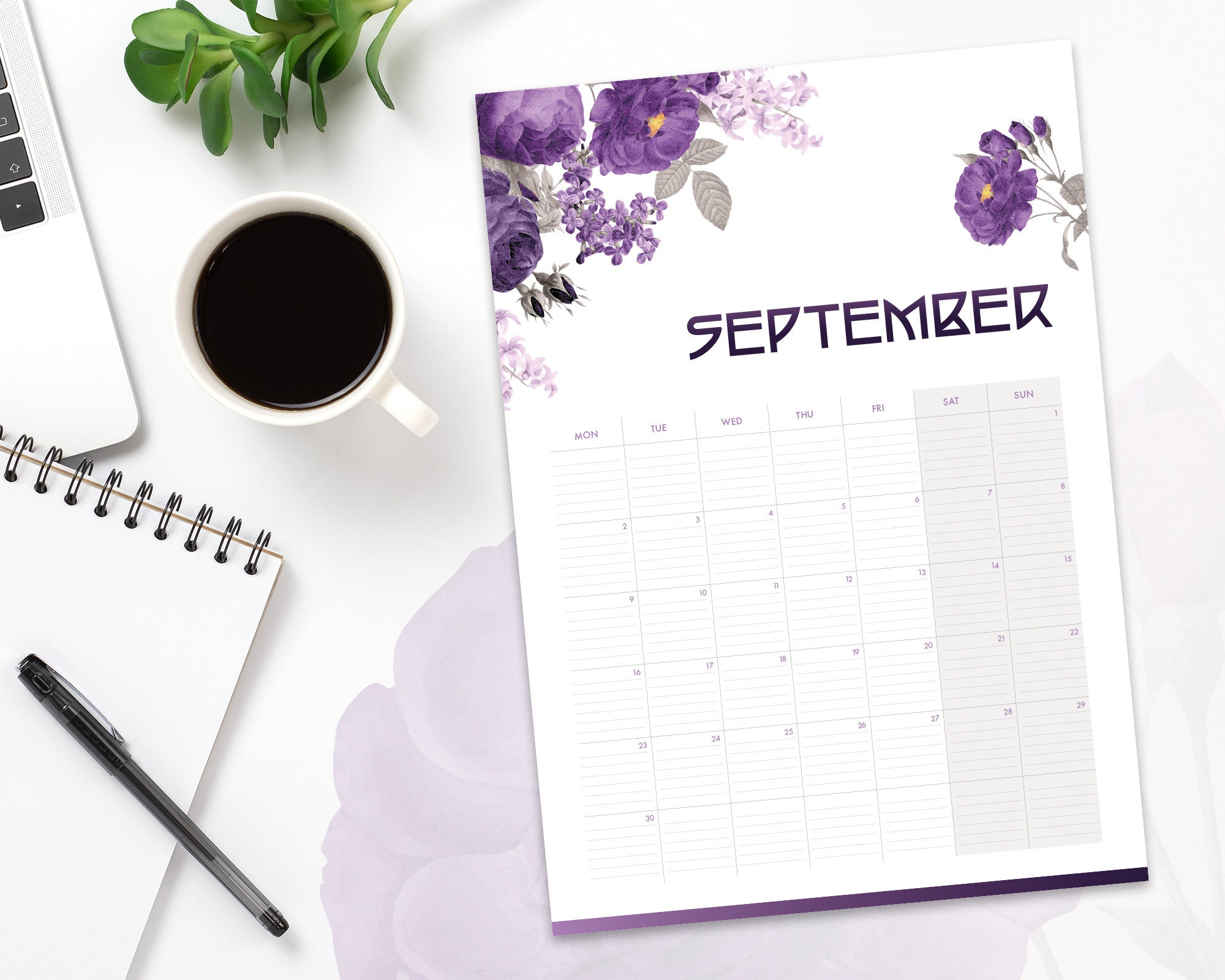 Printable Calendar 2025 Pink & Purple Roses Monthly - Etsy