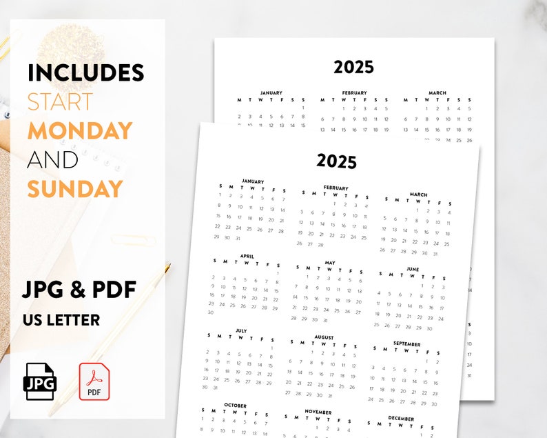 2024 & 2025 bundle Minimalist Letter Printable Calendar, 2024 Simple ...