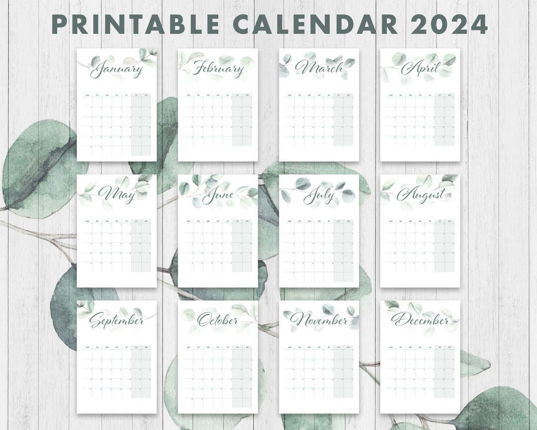 Printable Calendar 2024 Greenery Eucalyptus Monthly Calendar - Etsy