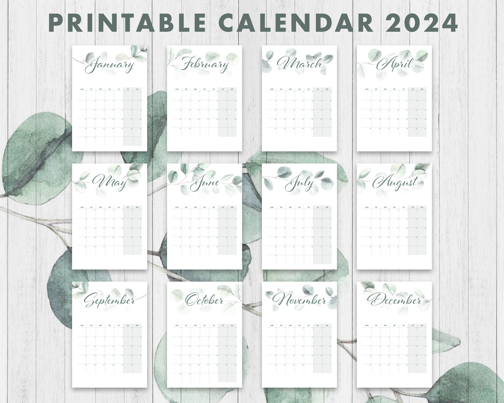 Printable Calendar 2024 Greenery Eucalyptus Monthly Calendar - Etsy