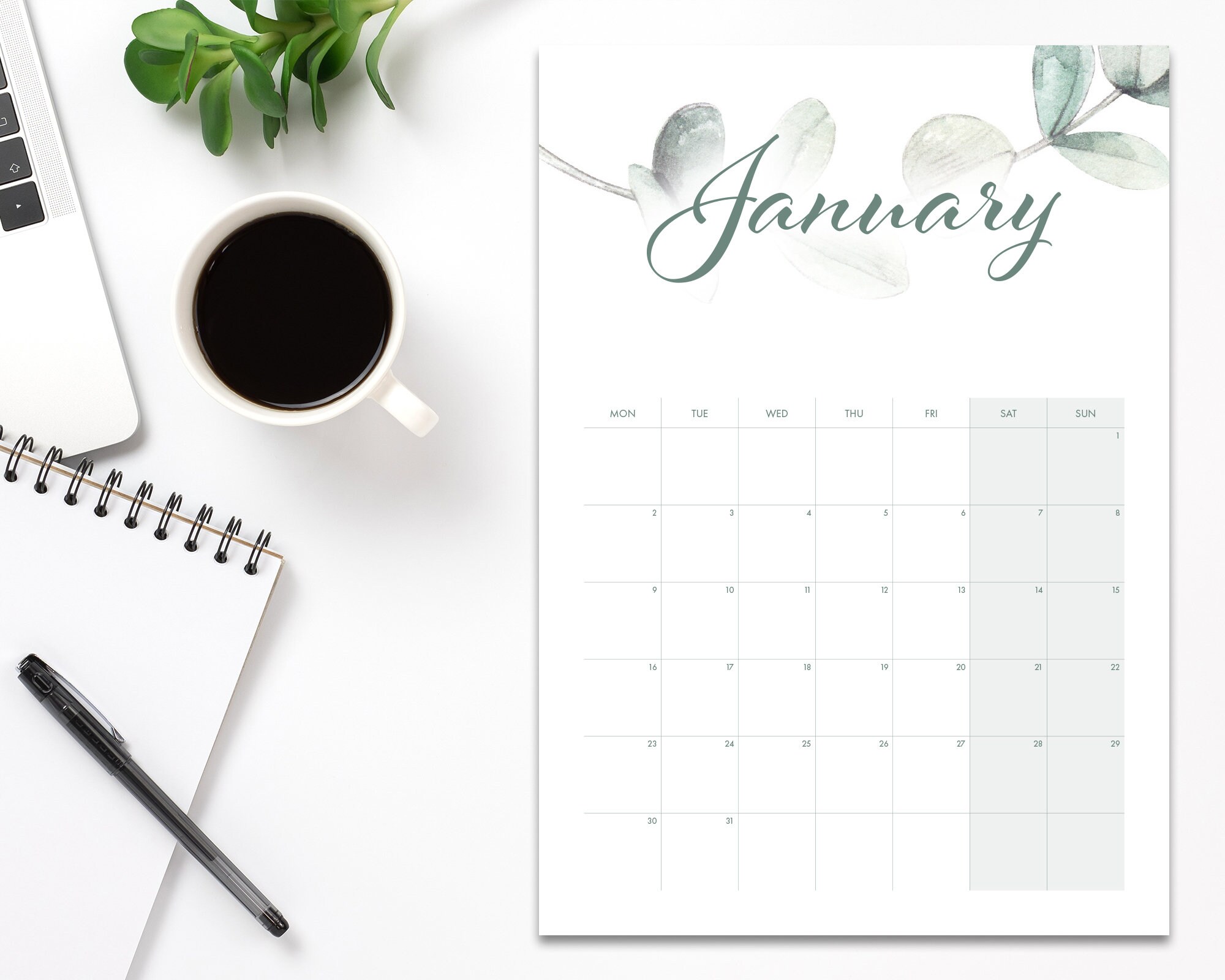 Printable Calendar 2025 Greenery Eucalyptus Monthly Calendar - Etsy