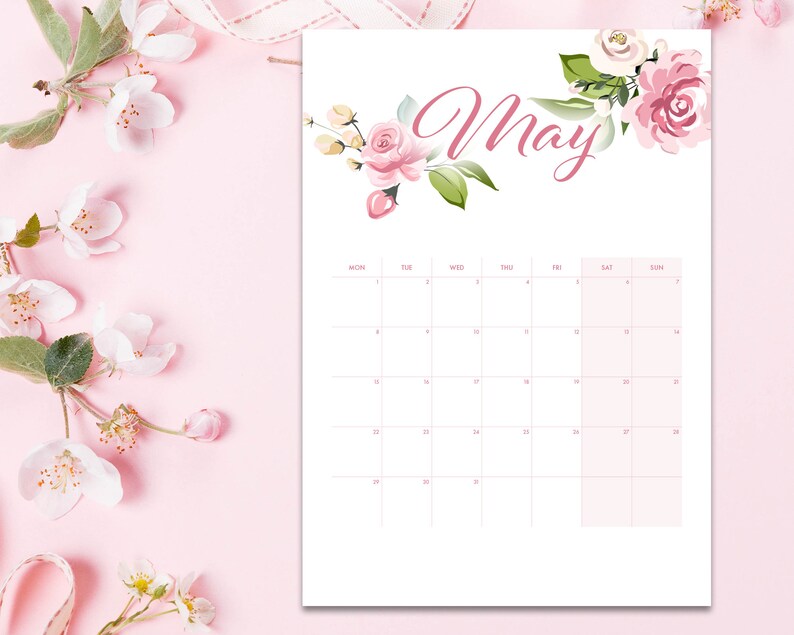 Printable Calendar 2025 Pink & Purple Roses Monthly - Etsy