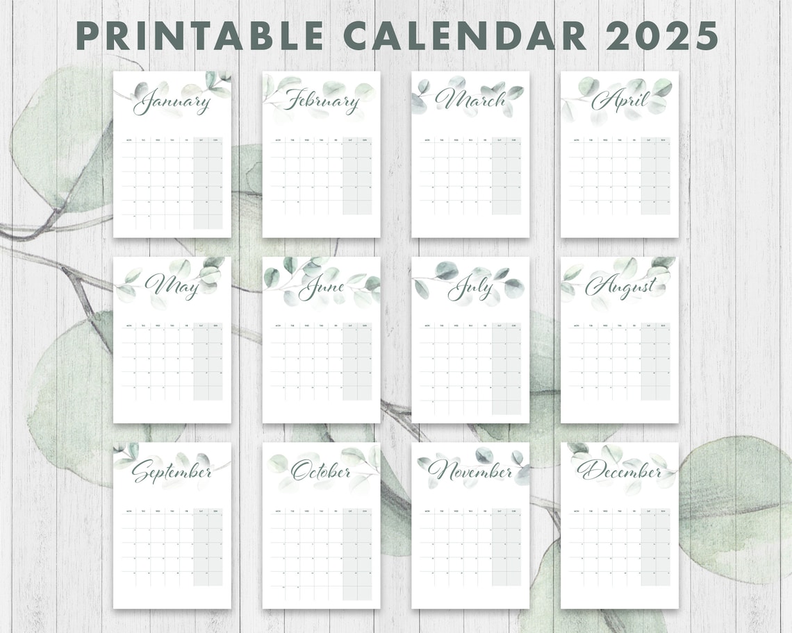 Printable Calendar 2025 Greenery Eucalyptus Monthly Calendar - Etsy