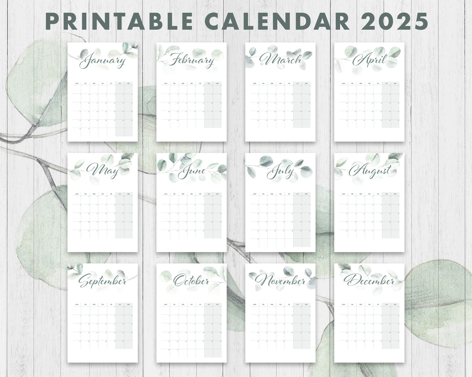 Printable Calendar 2025 Greenery Eucalyptus Monthly Calendar - Etsy
