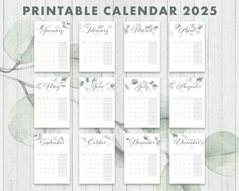 Printable Calendar 2025 Greenery Eucalyptus Monthly - Etsy