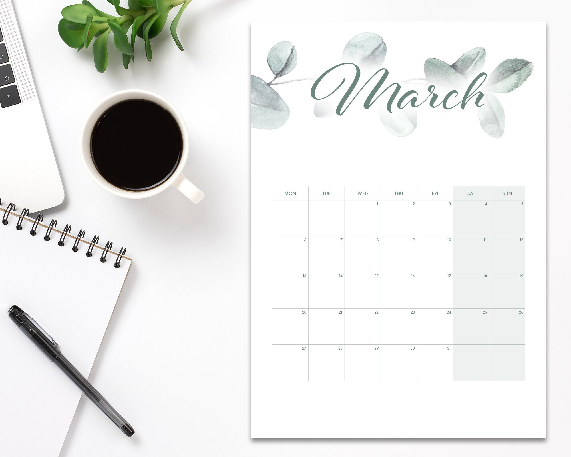 Printable Calendar 2025 Greenery Eucalyptus Monthly Calendar - Etsy