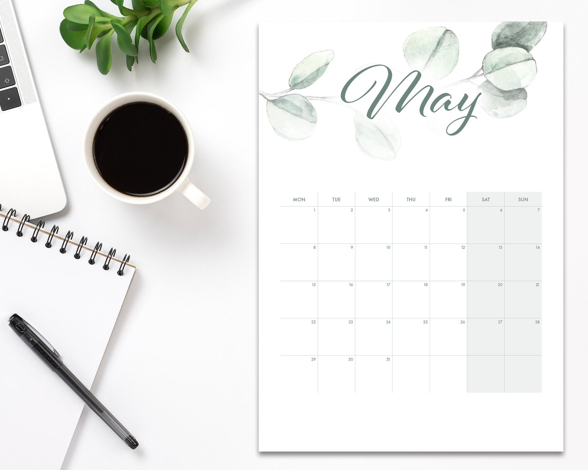 Printable Calendar 2025 Greenery Eucalyptus Monthly Calendar - Etsy