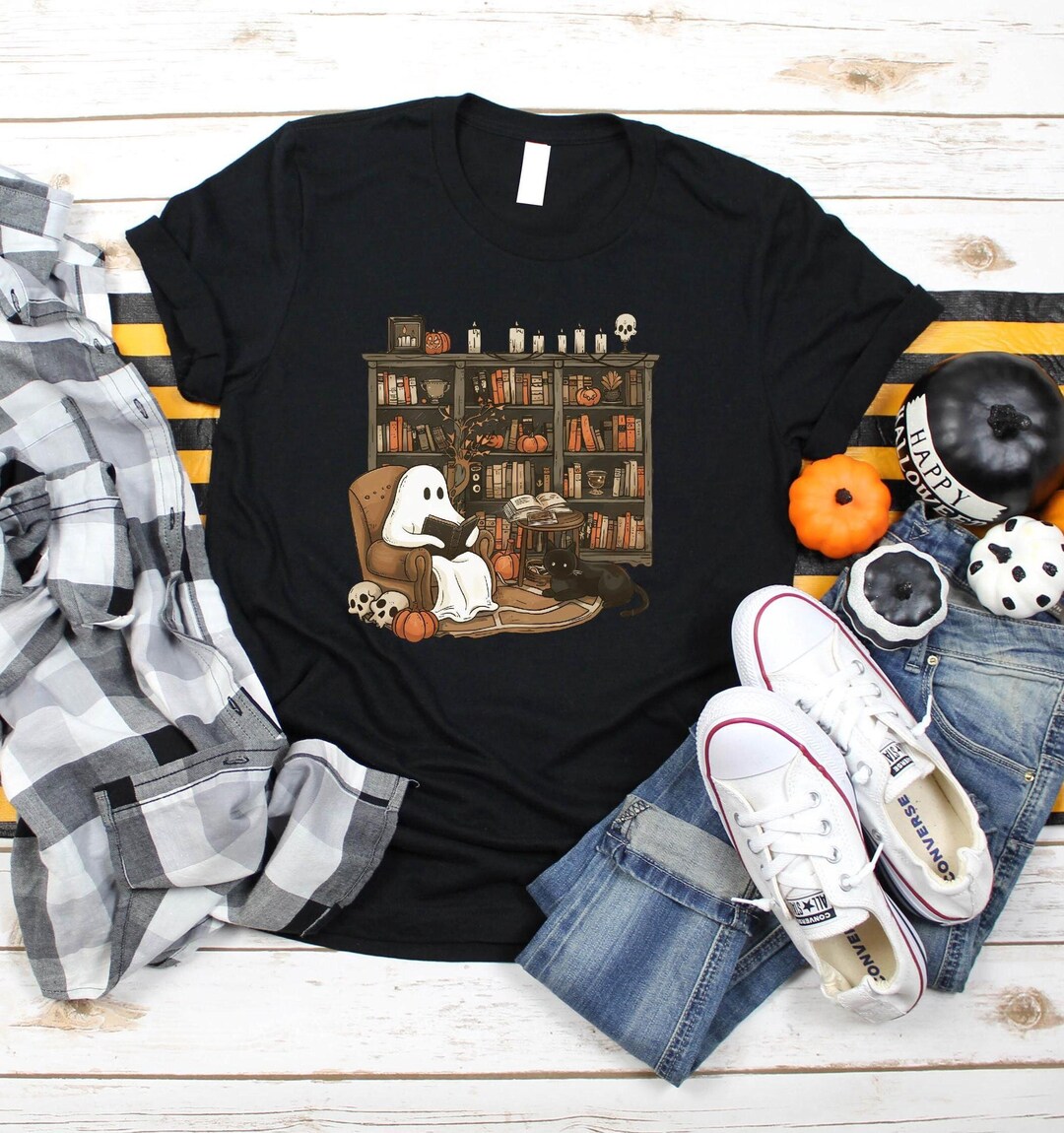 Retro Ghost Reading Books Tshirt, Halloween Librarian Shirt, Bookish ...