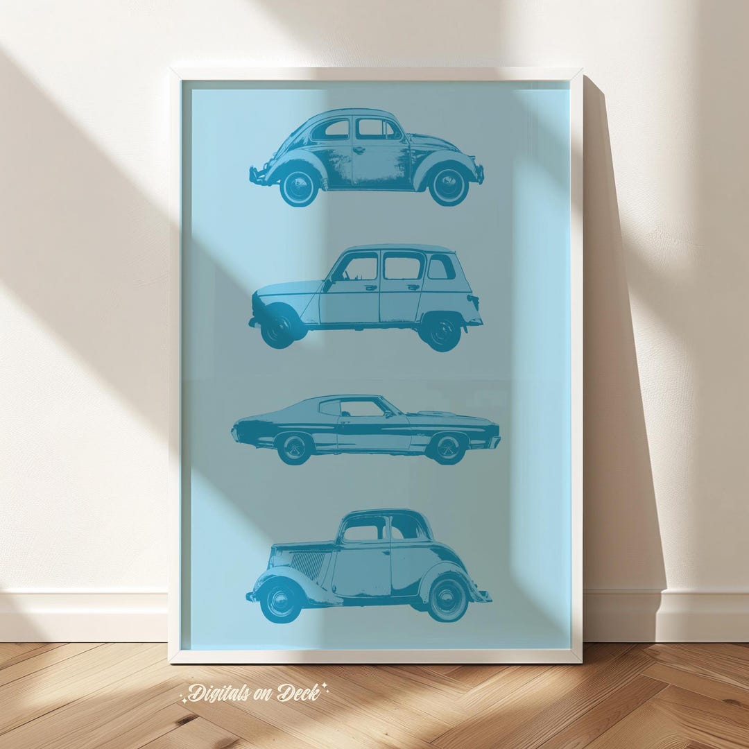 Blue Retro Cars Poster Print, Vintage Vehicle Digital Prints, Retro Car ...