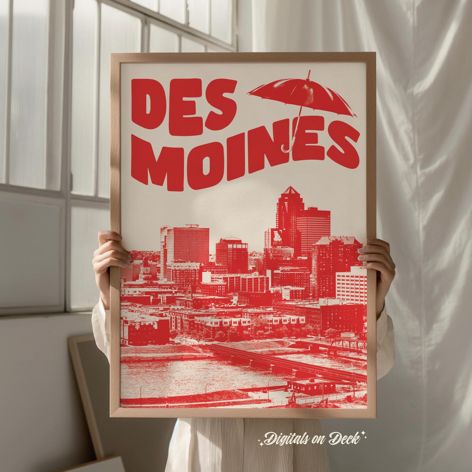 Des Moines Iowa City Skyline Poster, Red Retro Digital Poster Print ...