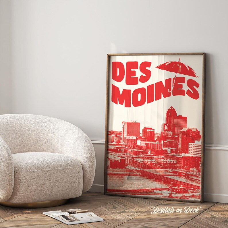 Des Moines Iowa City Skyline Poster, Red Retro Digital Poster Print ...