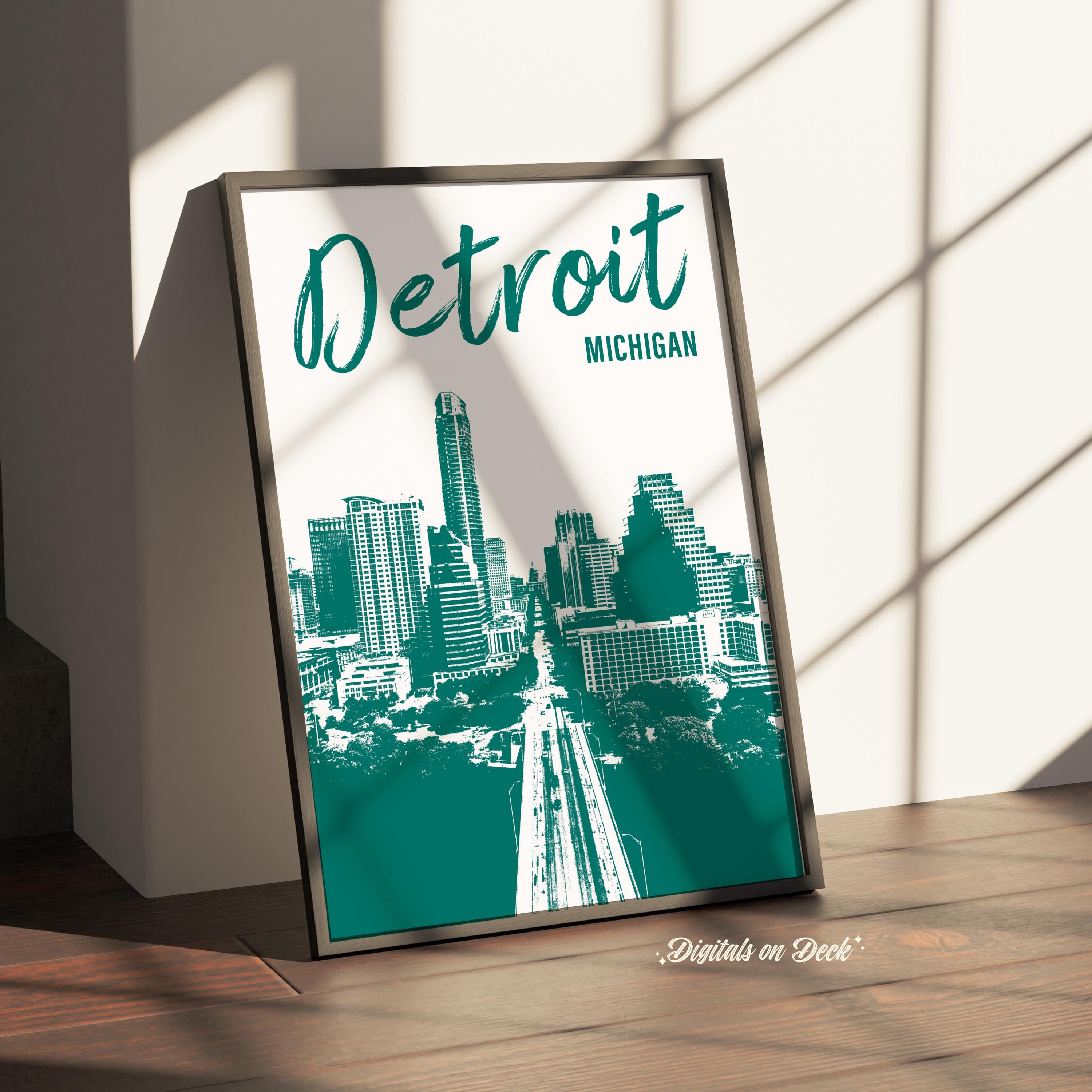 Detroit Michigan City Skyline Digital Poster Print, Teal Wall Art ...