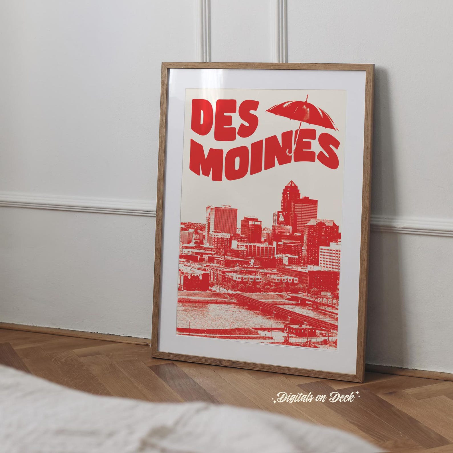 Des Moines Iowa City Skyline Poster, Red Retro Digital Poster Print ...