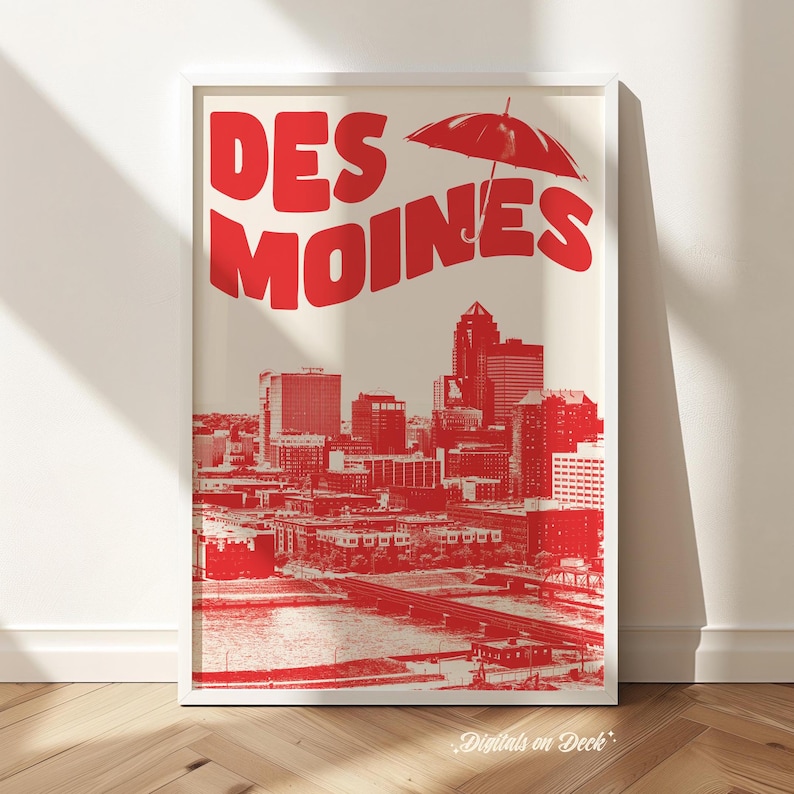 Des Moines Iowa City Skyline Poster, Red Retro Digital Poster Print ...