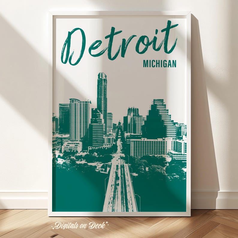 Detroit Michigan City Skyline Digital Poster Print, Teal Wall Art ...