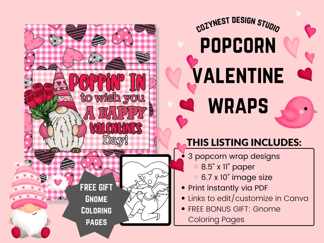 Gnome Popcorn Valentine PRINTABLE Popcorn Wraps, Instant Download, FREE ...