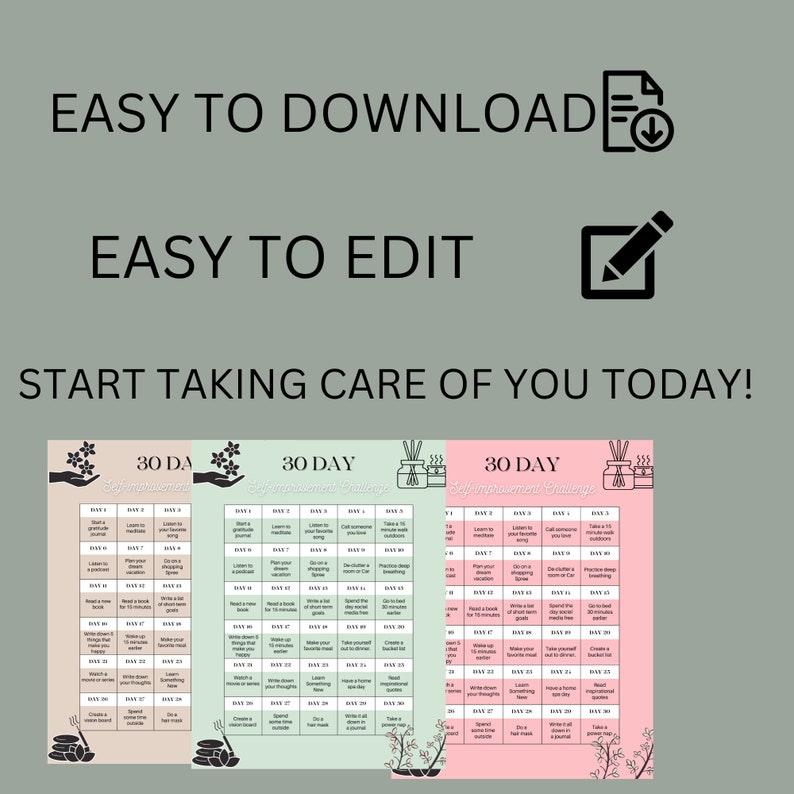 30 Day SELF IMPROVEMENT CHALLENGE| Self Care Plan| Better Me - Etsy