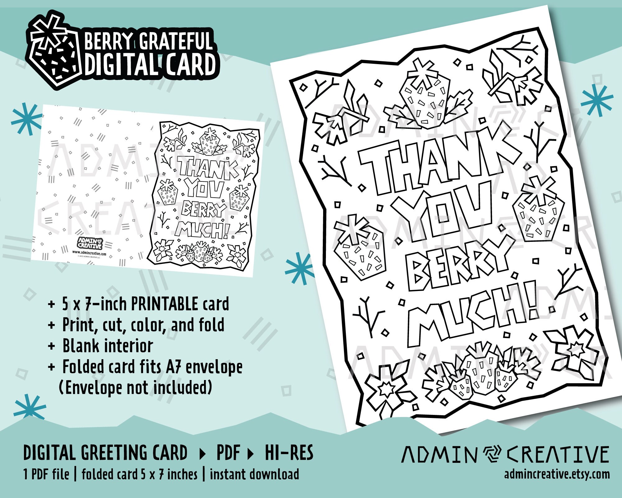 PRINTABLE Thank You Card, Berry Thankful Coloring Card, Greeting Card ...