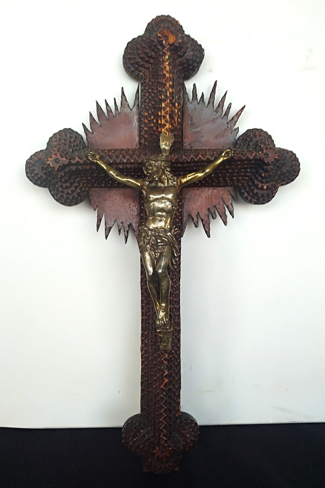 Wooden Cross, Metal Jesus on the Cross, Tramp Art, Trench Art, Vagabond ...