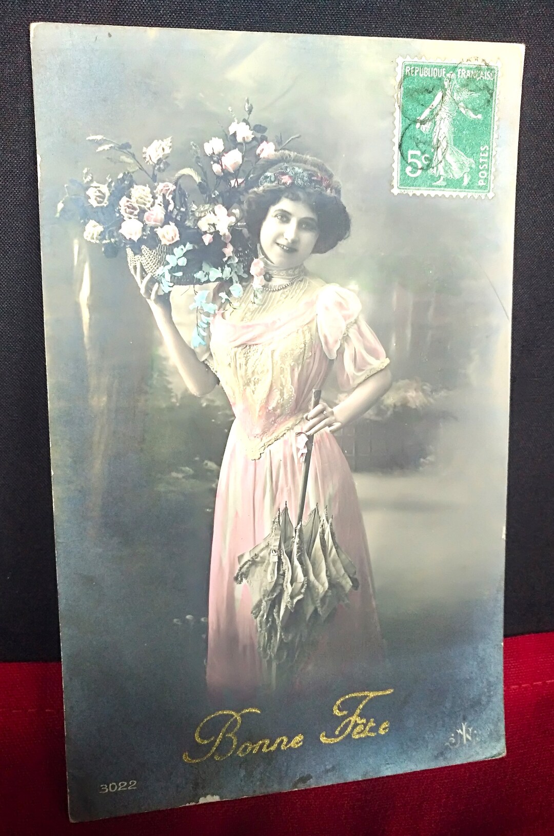 French Sepia Postcard, bonne Fête New Year's Card, Girl With Parasol ...