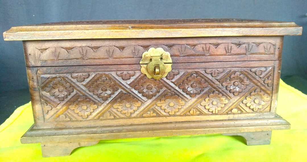 Artisanal Hand Carved Teak Wooden Jewelry or Trinket Box, Floral ...