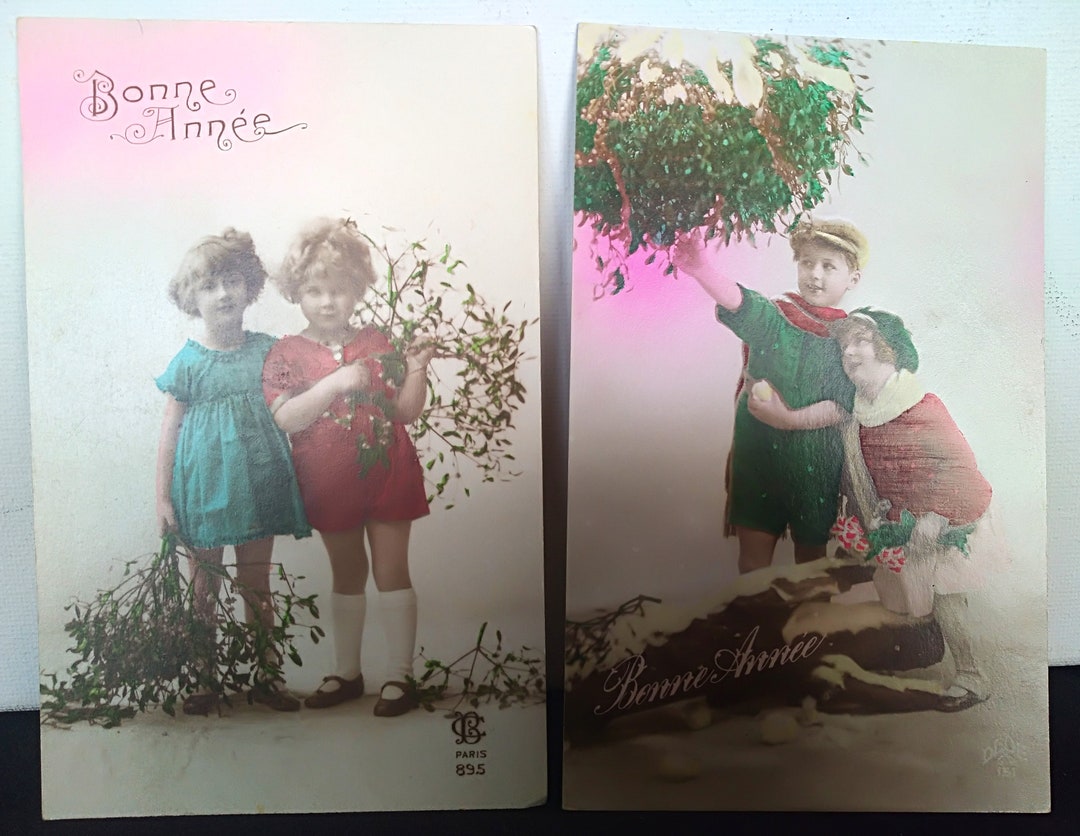 1925 Set of Two Colored French Antique New Year Cards, Romantic ...