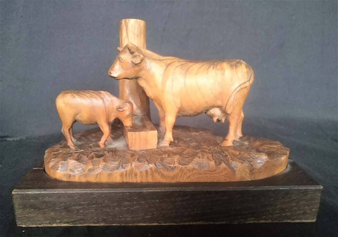 Black Forest Wood Carving of a Cow With Calf at a Drinking Trough ...
