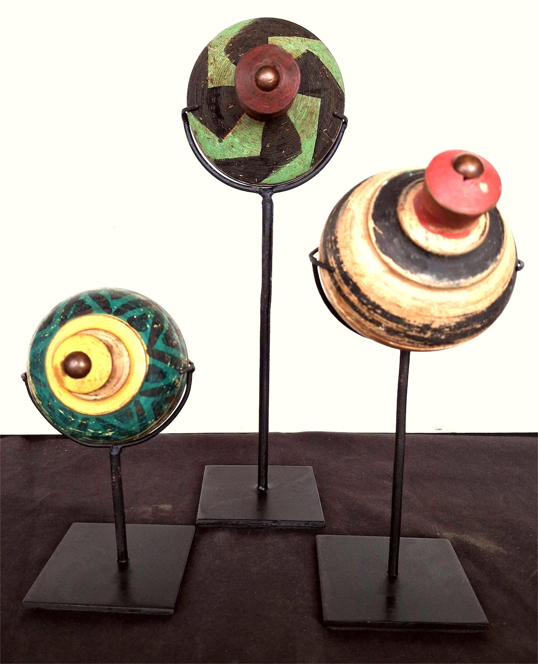 Set of 3 Spinning Tops - Gasing - Spinning Tops With Matching Stands ...