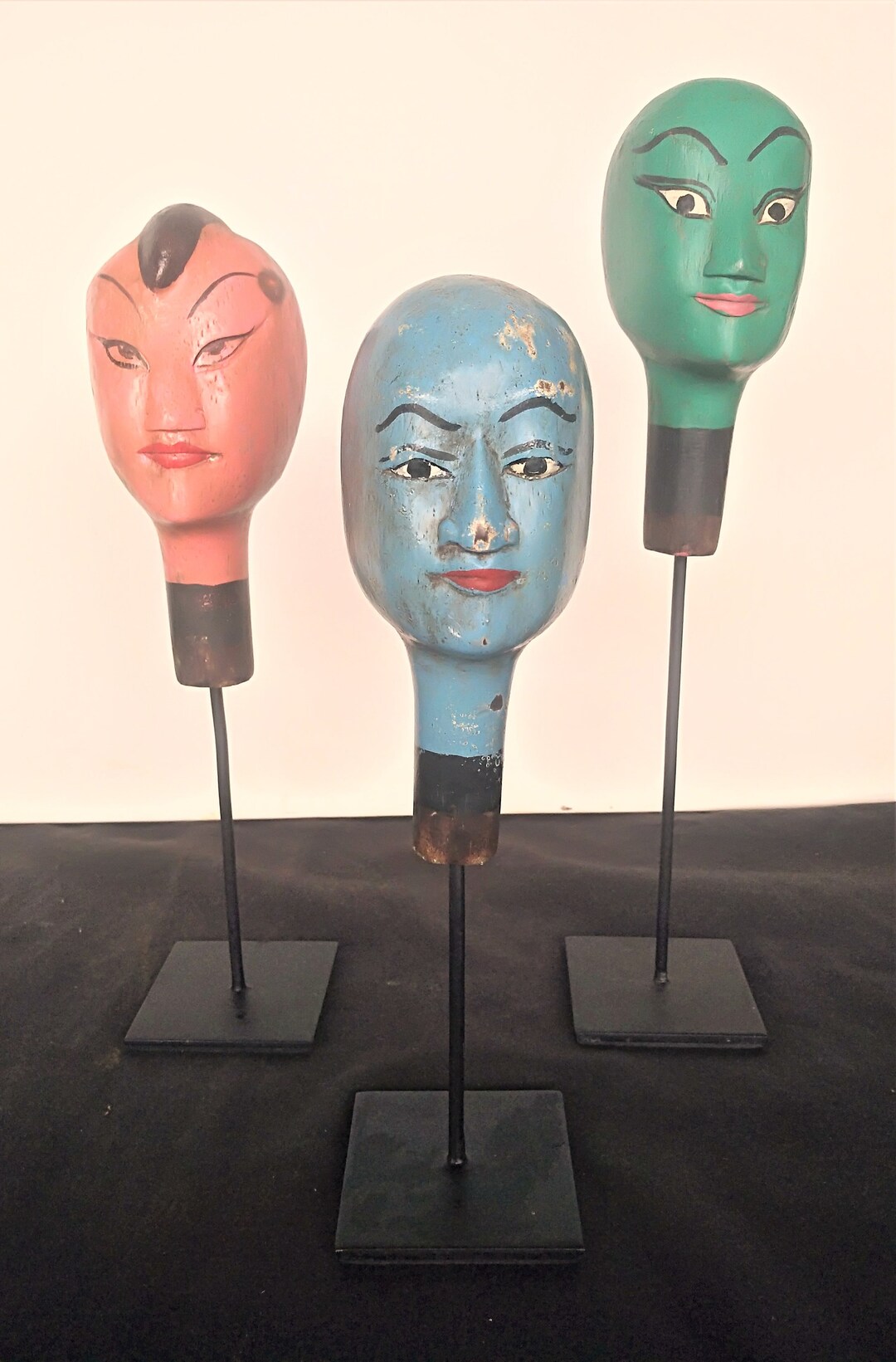 Set of Indonesian Doll Heads on Stands. Wayang Golek, Bali and Java ...