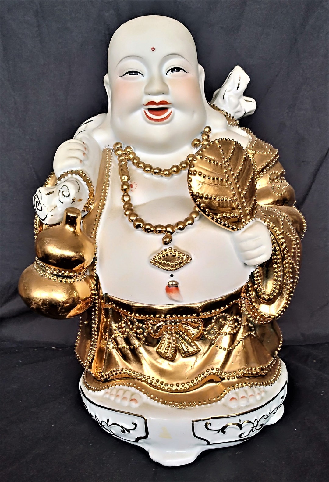Happy Buddha Statue Made of Biscuit Porcelain Decorated With Gold Inlay ...