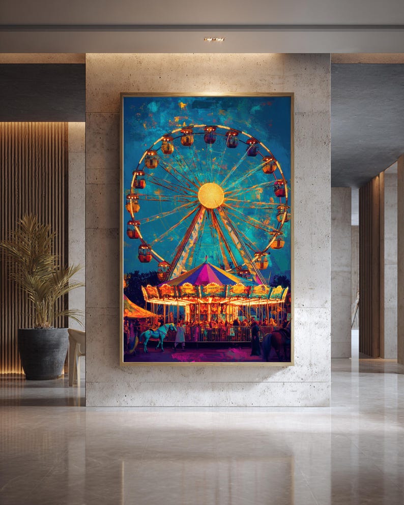 Retro Carnival Art, Vintage Ferris Wheel Poster, Amusement Park Print ...