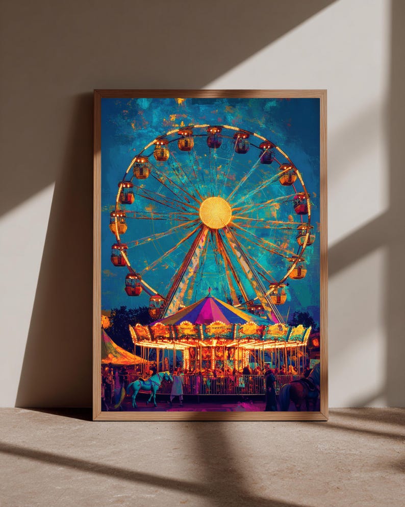 Retro Carnival Art, Vintage Ferris Wheel Poster, Amusement Park Print ...