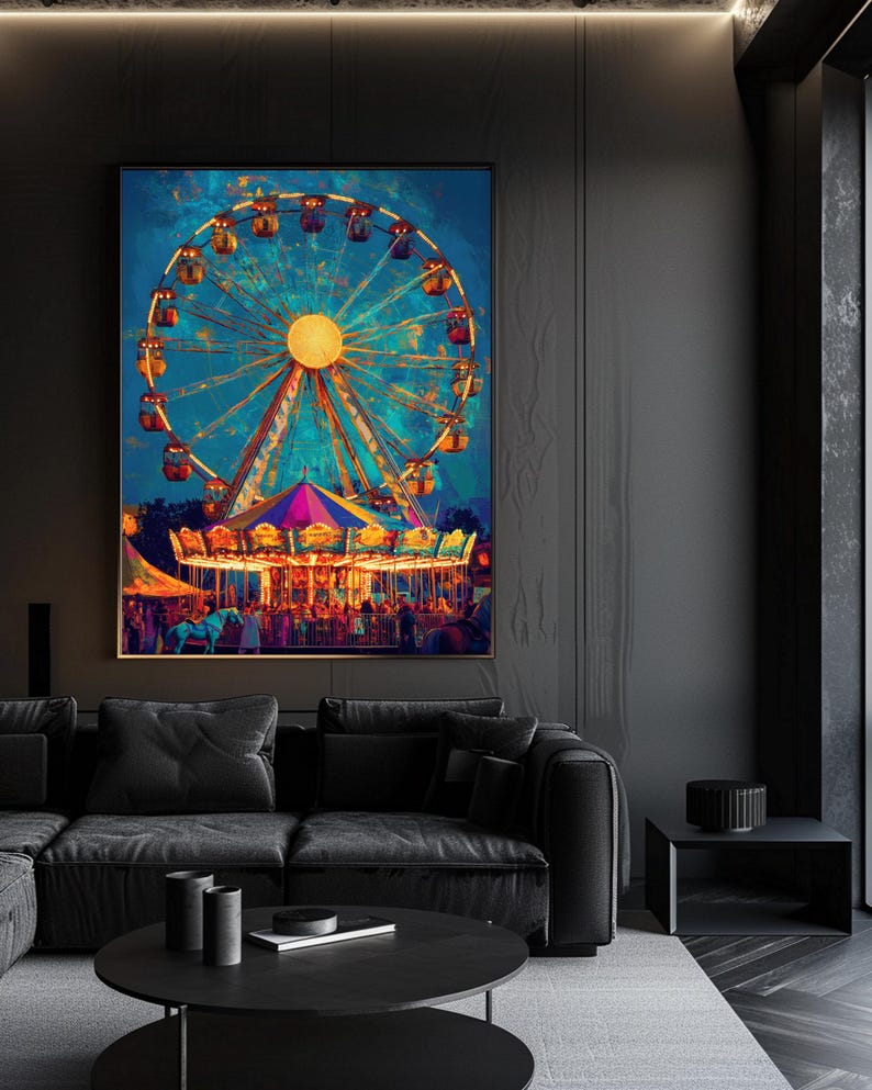 Retro Carnival Art, Vintage Ferris Wheel Poster, Amusement Park Print ...