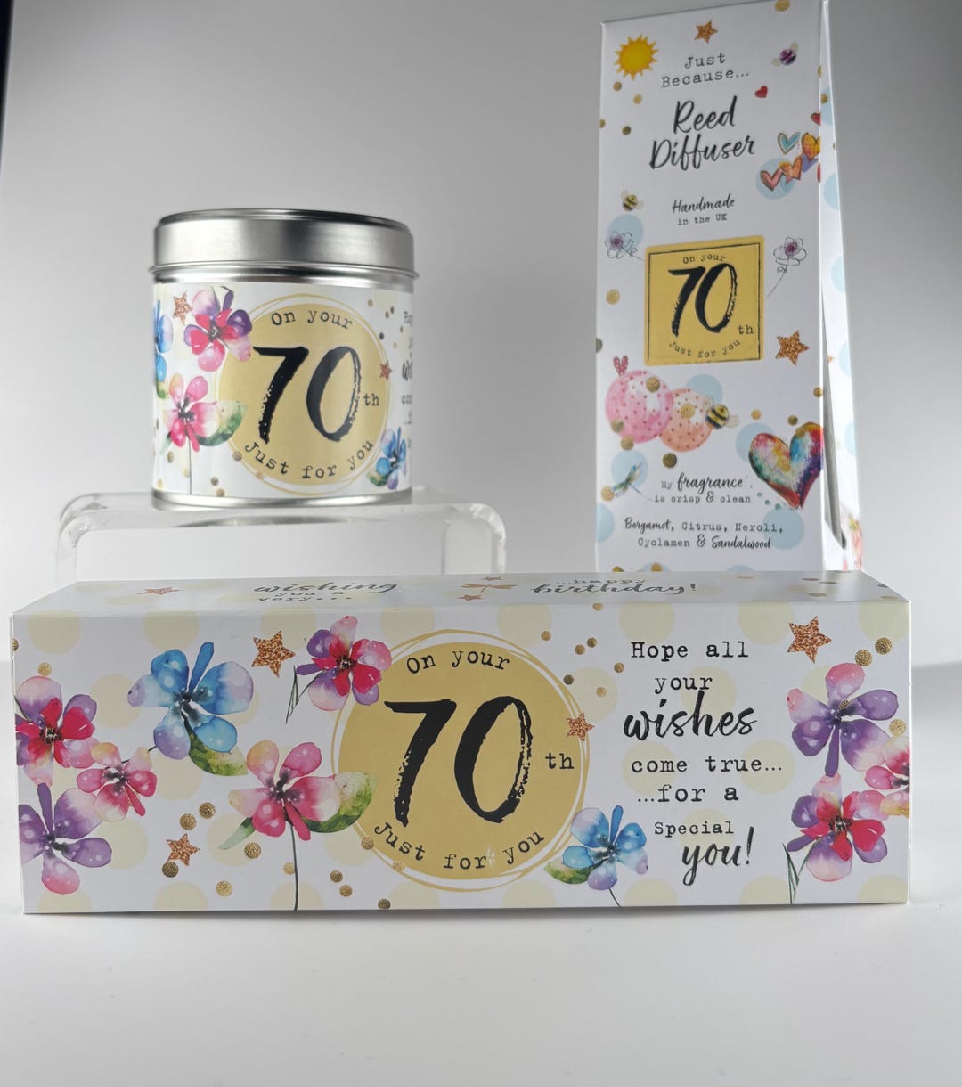 70th Birthday Candle Gift Set - Reed Diffuser Tealights and Tin Candle ...