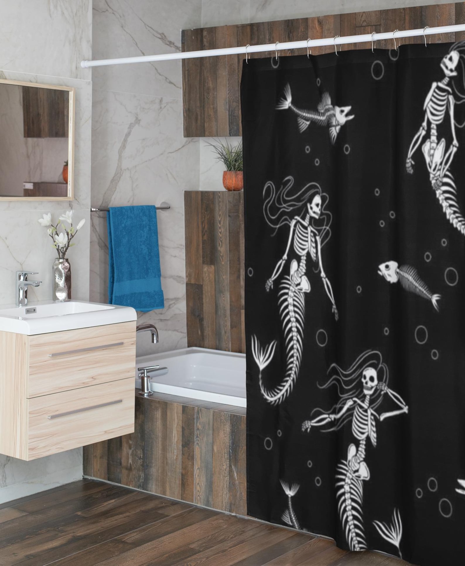 Gothic Skeleton Mermaid Shower Curtain - Unique Bathroom Decor, Spooky ...