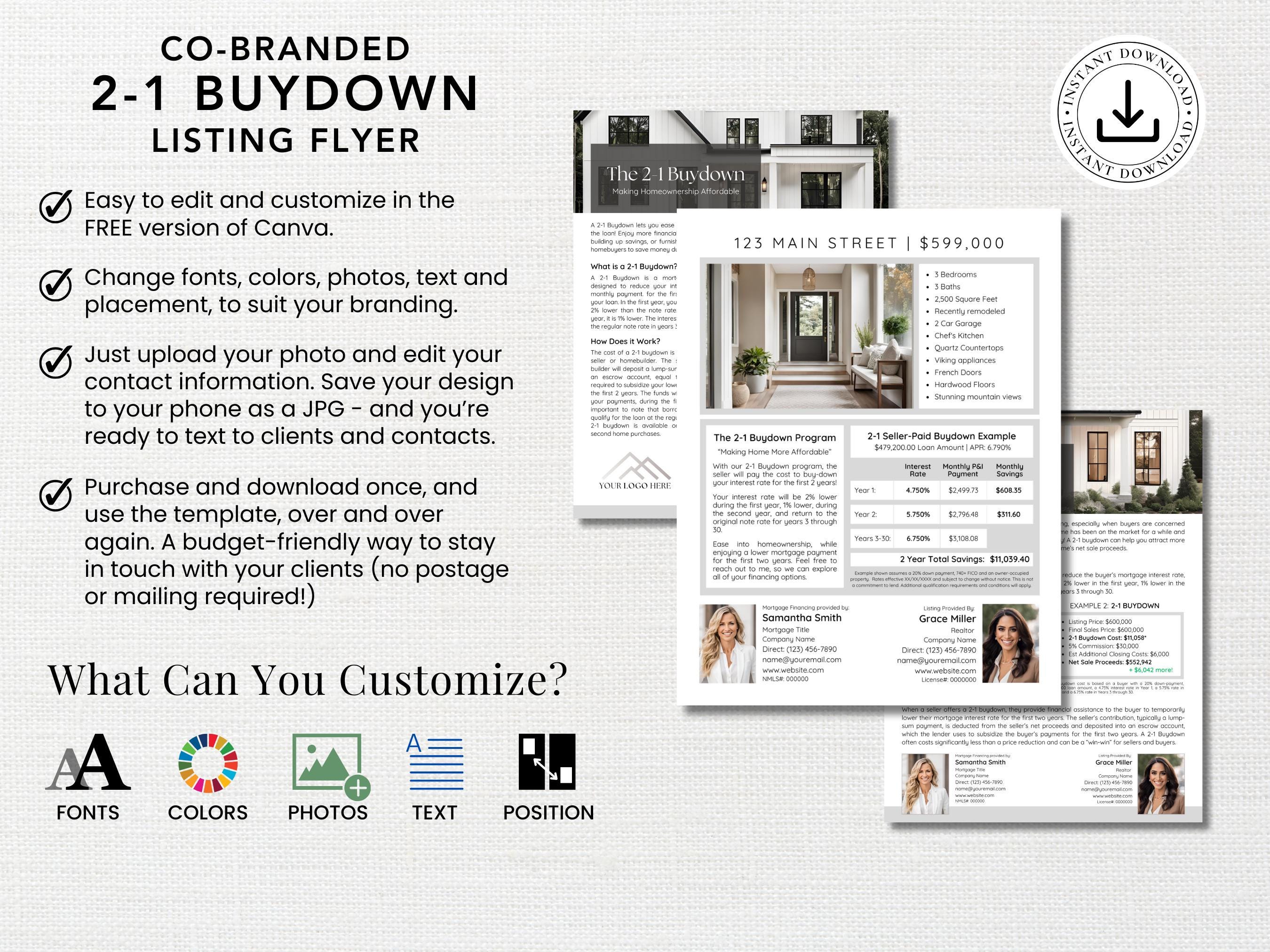 2-1 BUYDOWN Co-branded Listing Flyer | Mortgage Marketing | Real Estate ...