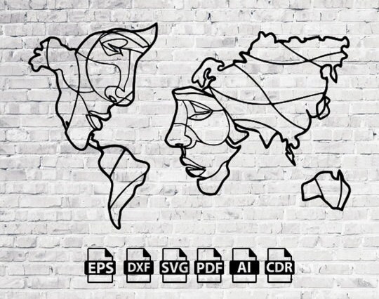 World Globe Map Faces Laser Cut Svg Dxf Files Wall Sticker - Etsy UK