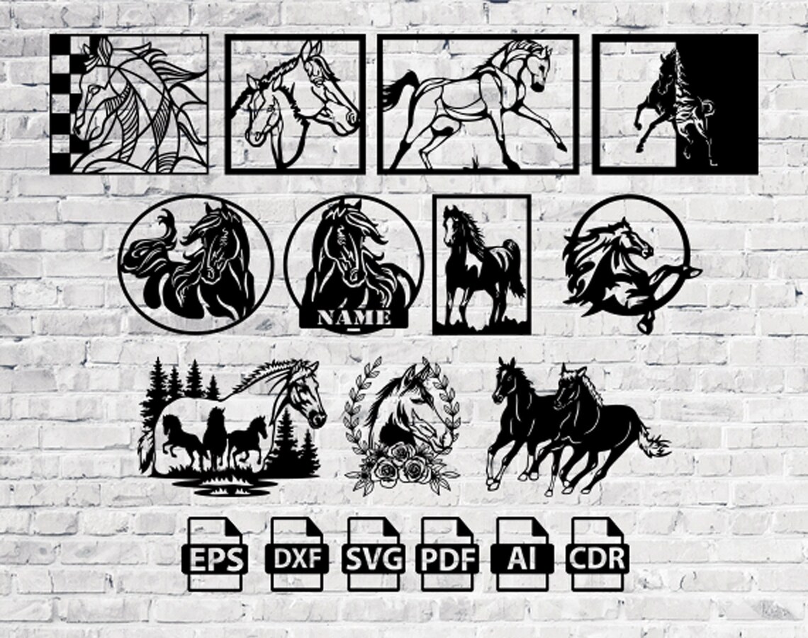 11 Pcs Horse Head Horses Laser Cut Svg Dxf Pdf Files Wall Sticker ...