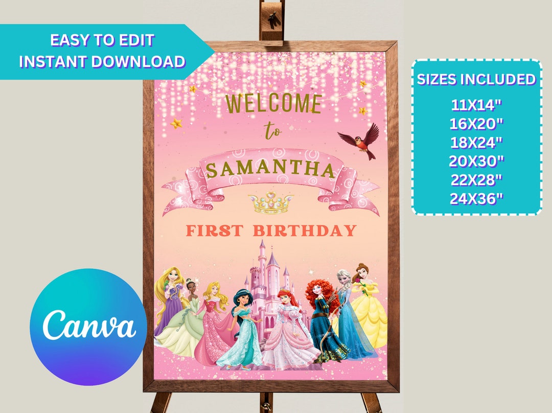 Princess Welcome Sign, Editable, Princess Birthday Party, Castle ...