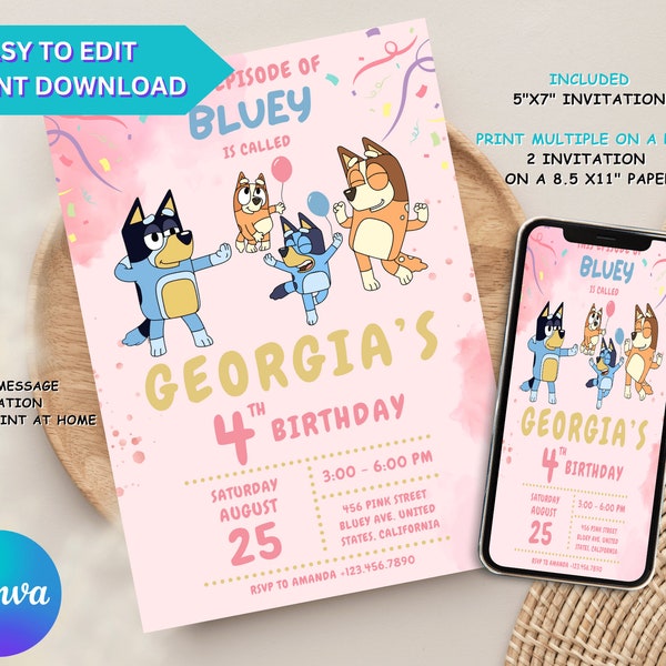 Pink Bluey Birthday Invitation - Etsy
