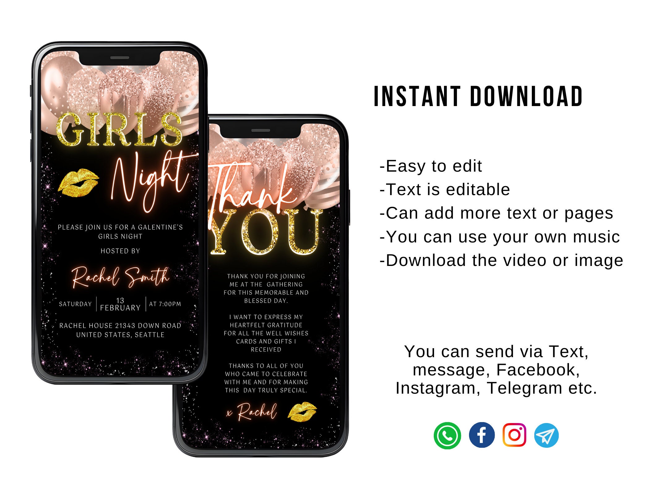 Editable Girls Night Dinner Party Animation Invite With Music, Animated ...