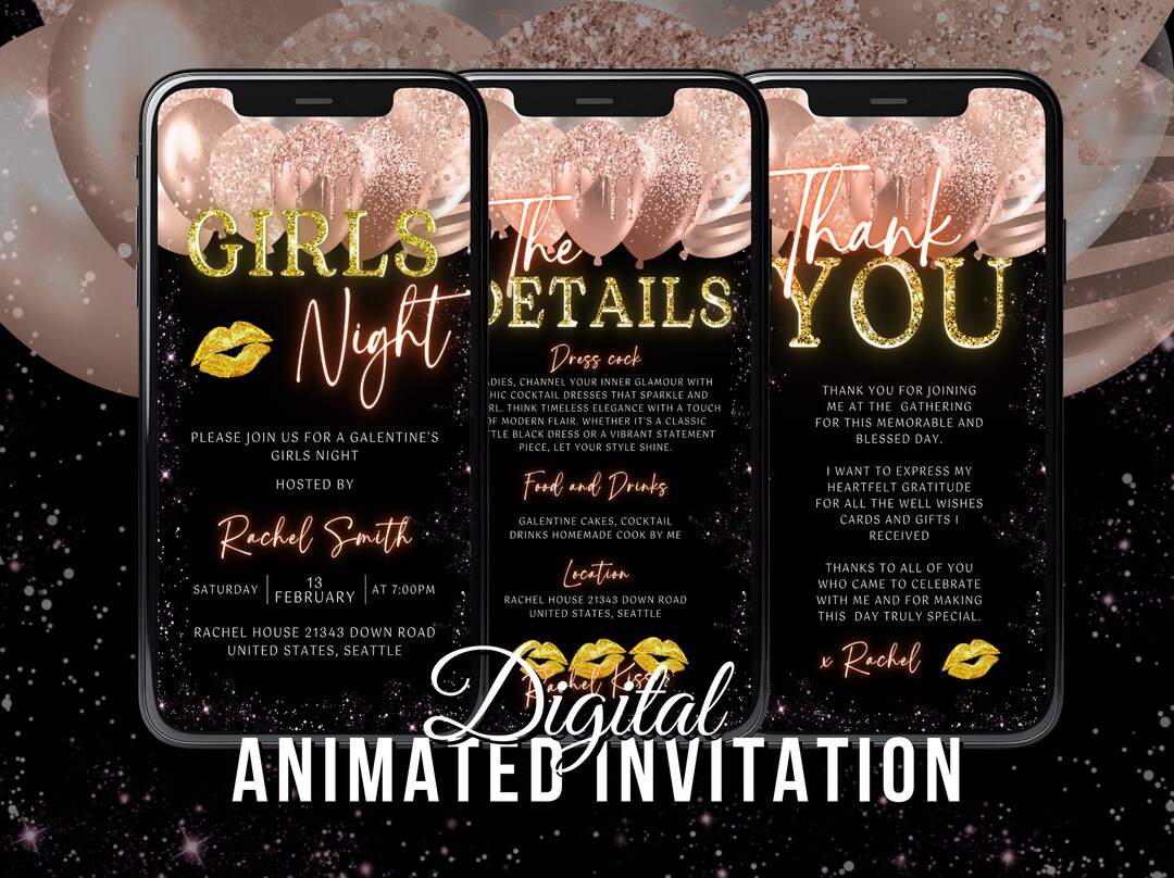 Editable Girls Night Dinner Party Animation Invite With Music, Animated ...