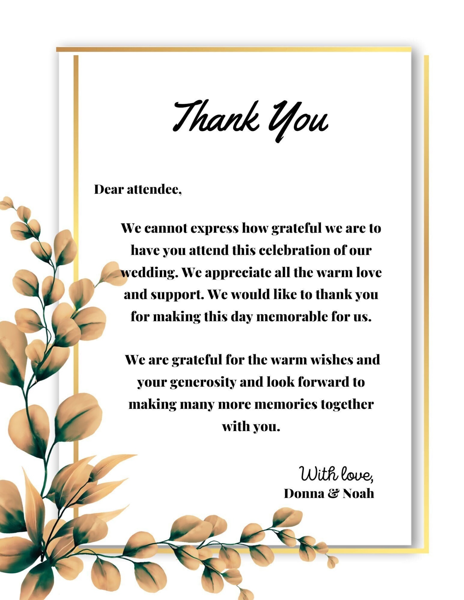 Thank You Card Template, Gold Thank You Note, Flower Design Thank You ...