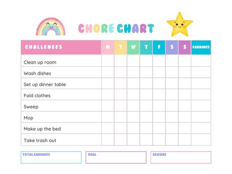 Kid's Daily Responsibility Chore Chart Weekly Routine Reward System ...