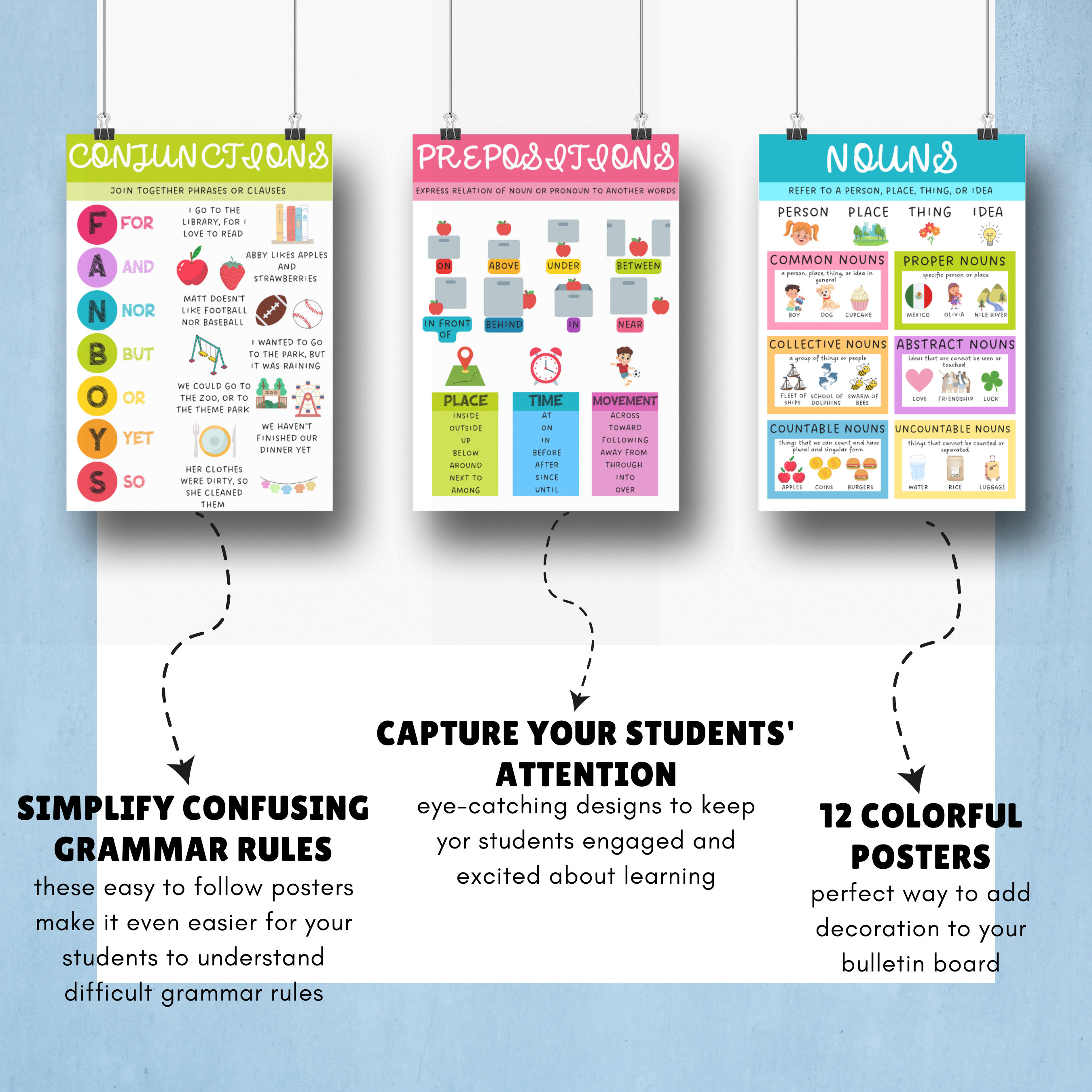 Colorful English Posters Bundle Bulletin Board Parts of Speech Rainbow ...