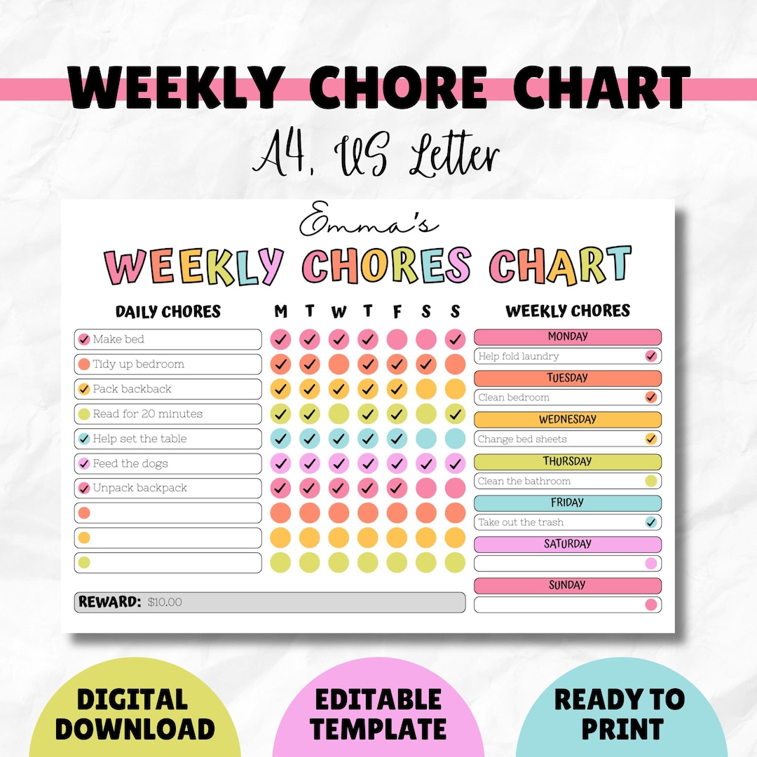Editable Weekly Chore Chart | Kids Chore List | Daily Chores | Kids ...